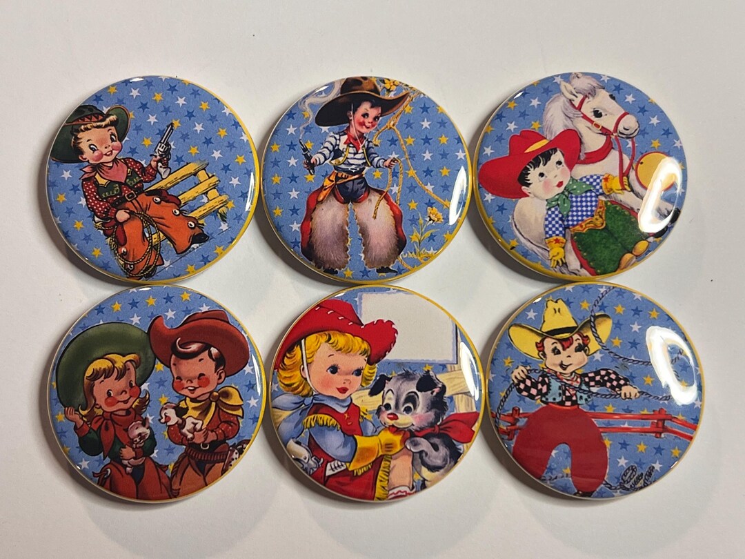 6 Cowboy Kids Fridge Magnets, Pinbacks, Flatbacks and More. Choose Your ...