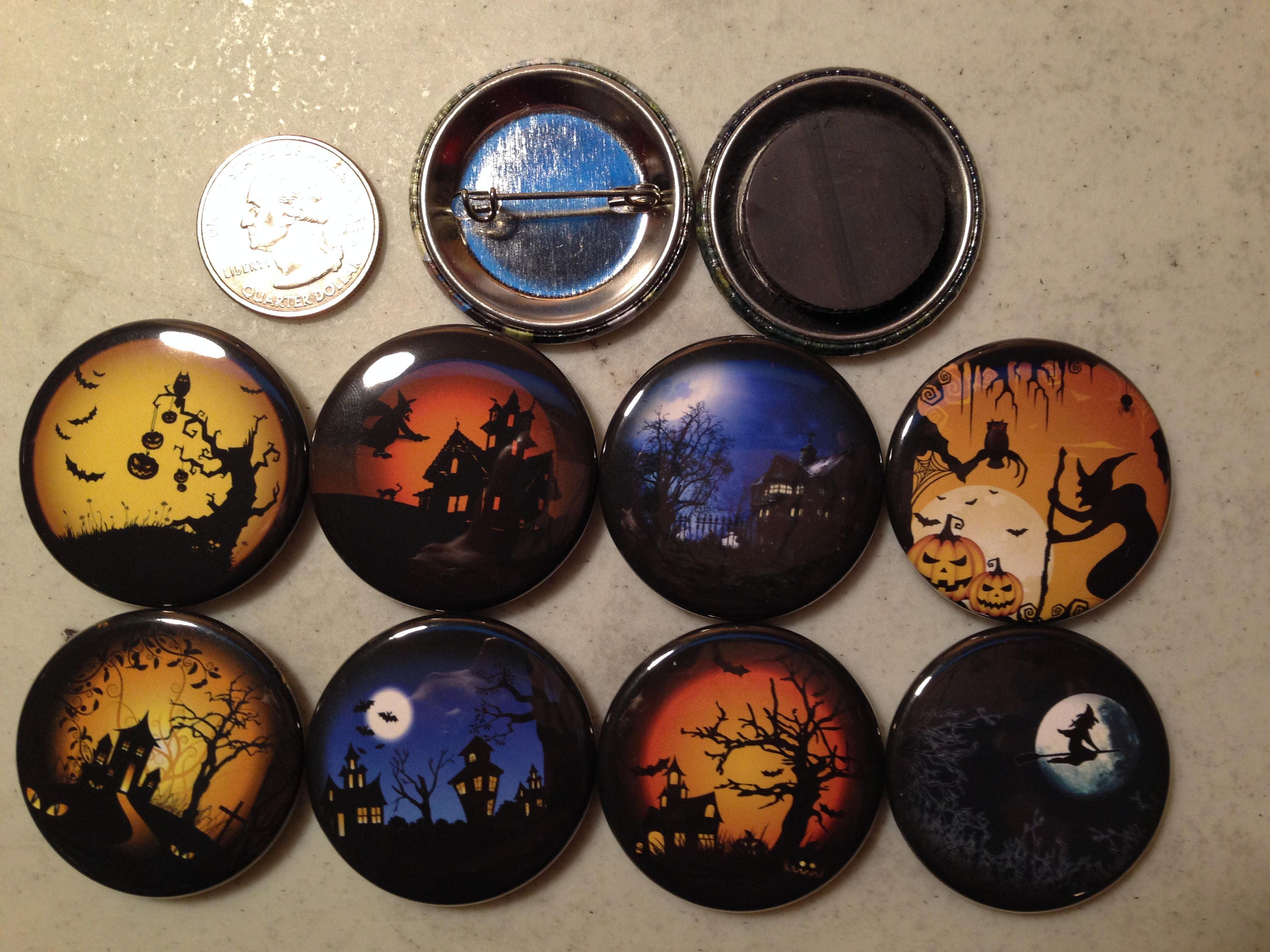 8 Halloween Spooky, Scary nighttime scenes, buttons, pinbacks ...