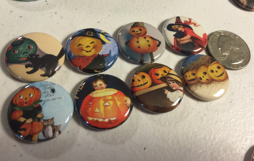 8 Halloween Fridge Magnet Buttons, Pinbacks, Flatbacks Set 3 W/vintage ...