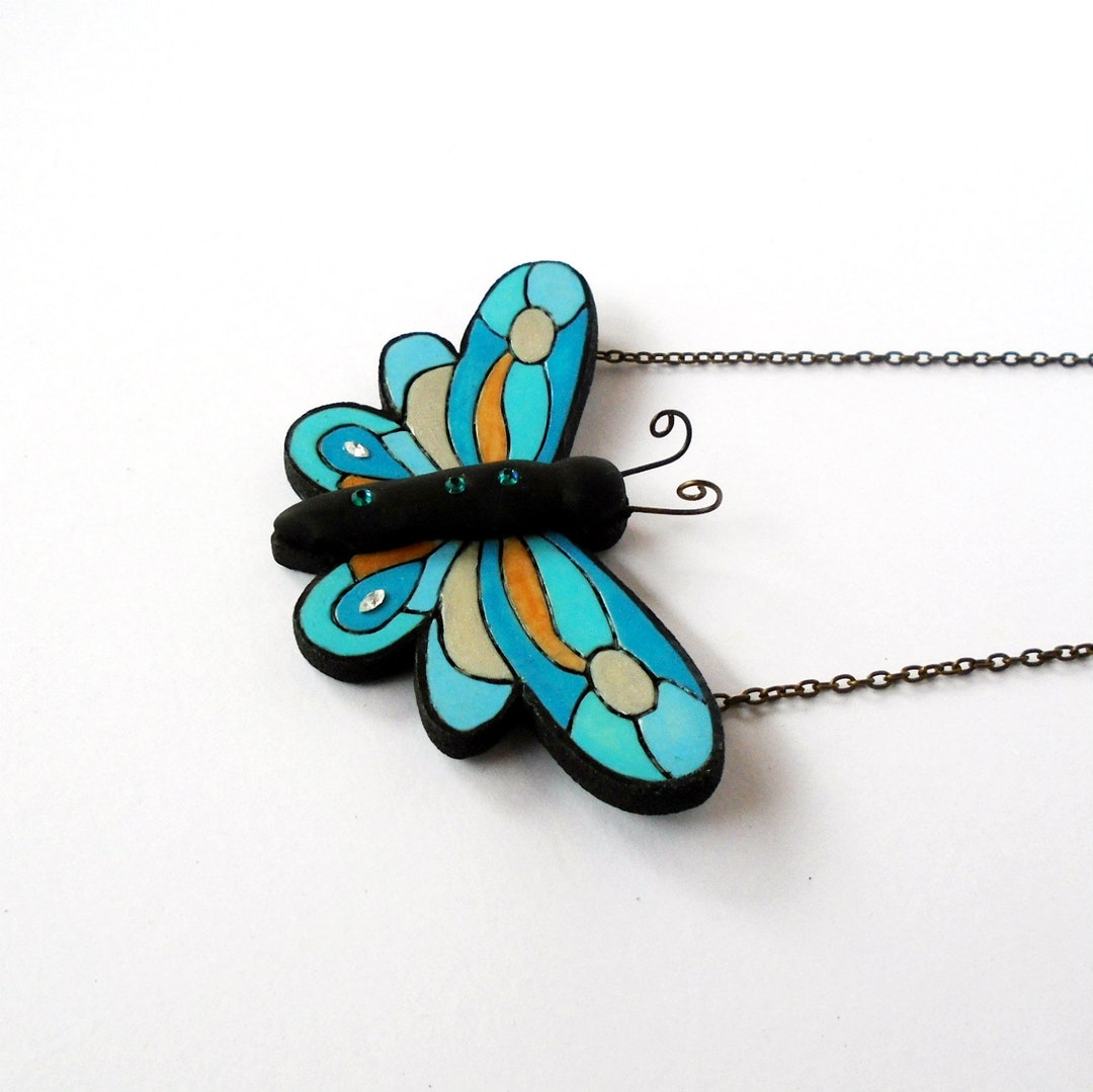 Blue Butterfly Necklace, Statement Necklace, Artisan Jewelry, Butterfly ...