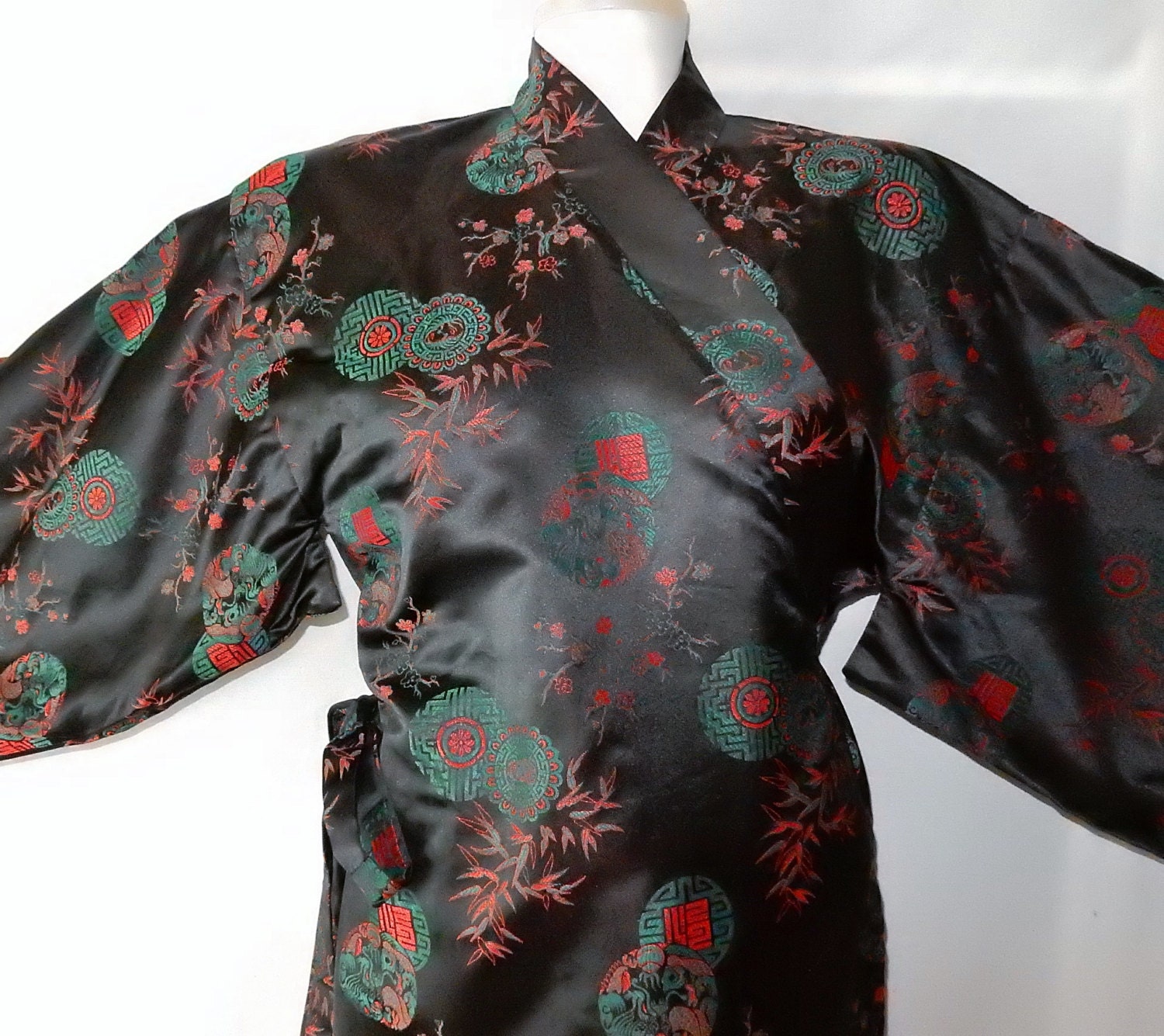 Sz 12 14 Handmade Kimono Robe Black Floral Traditional Asian Chinese ...