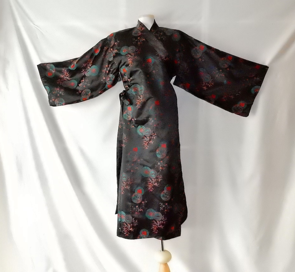 Sz 12 14 Handmade Kimono Robe Black Floral Traditional Asian Chinese ...