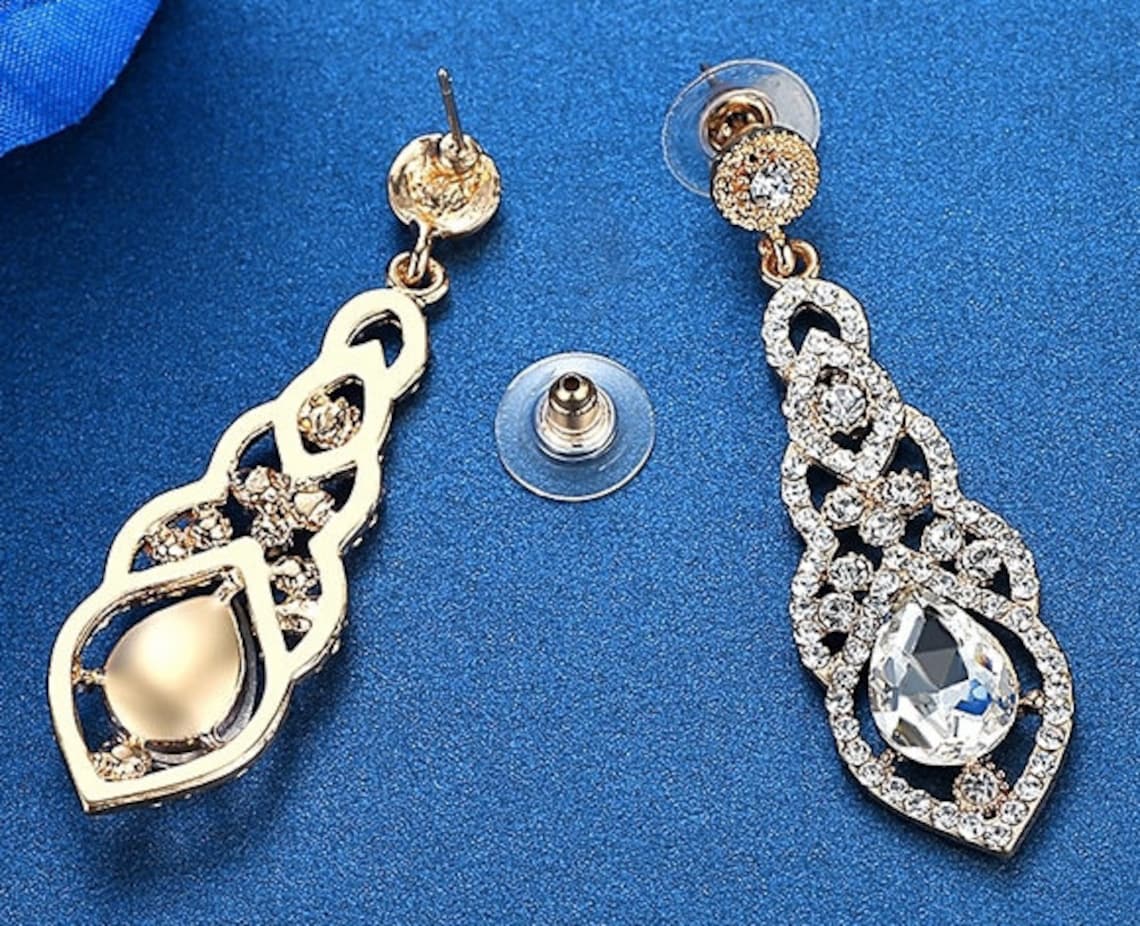 Water-drop GOLD Crystal Drop Long Earrings Elegant Bridal | Etsy