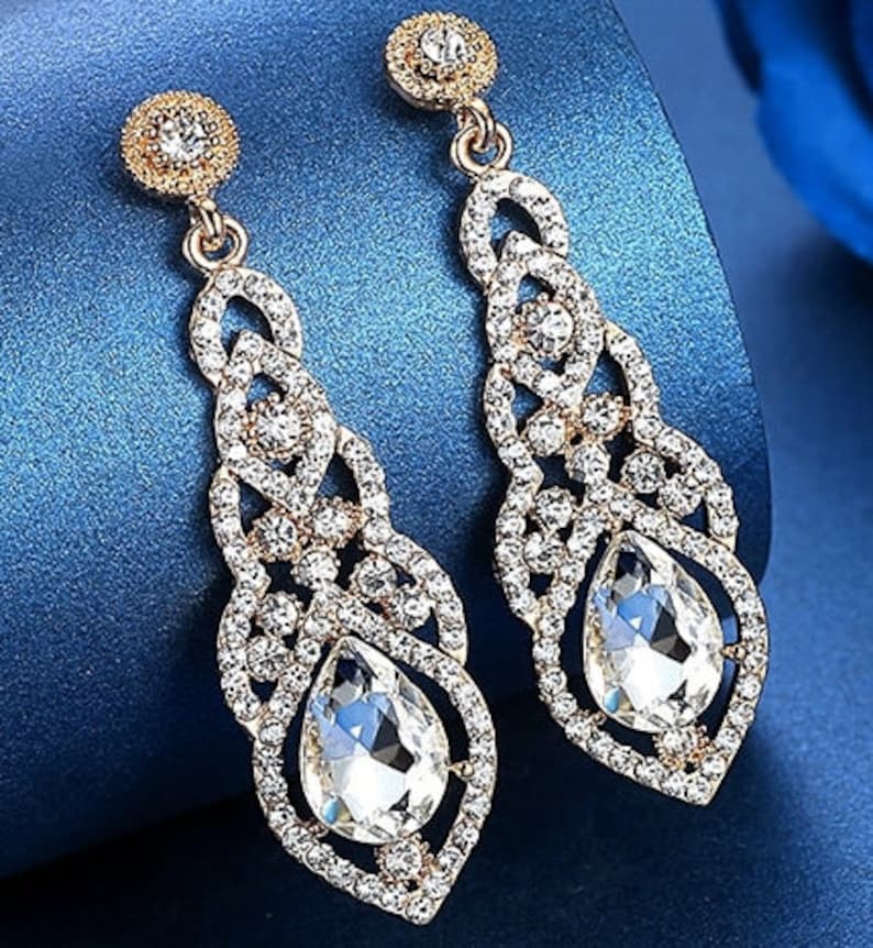 Water-drop GOLD Crystal Drop Long Earrings Elegant Bridal | Etsy
