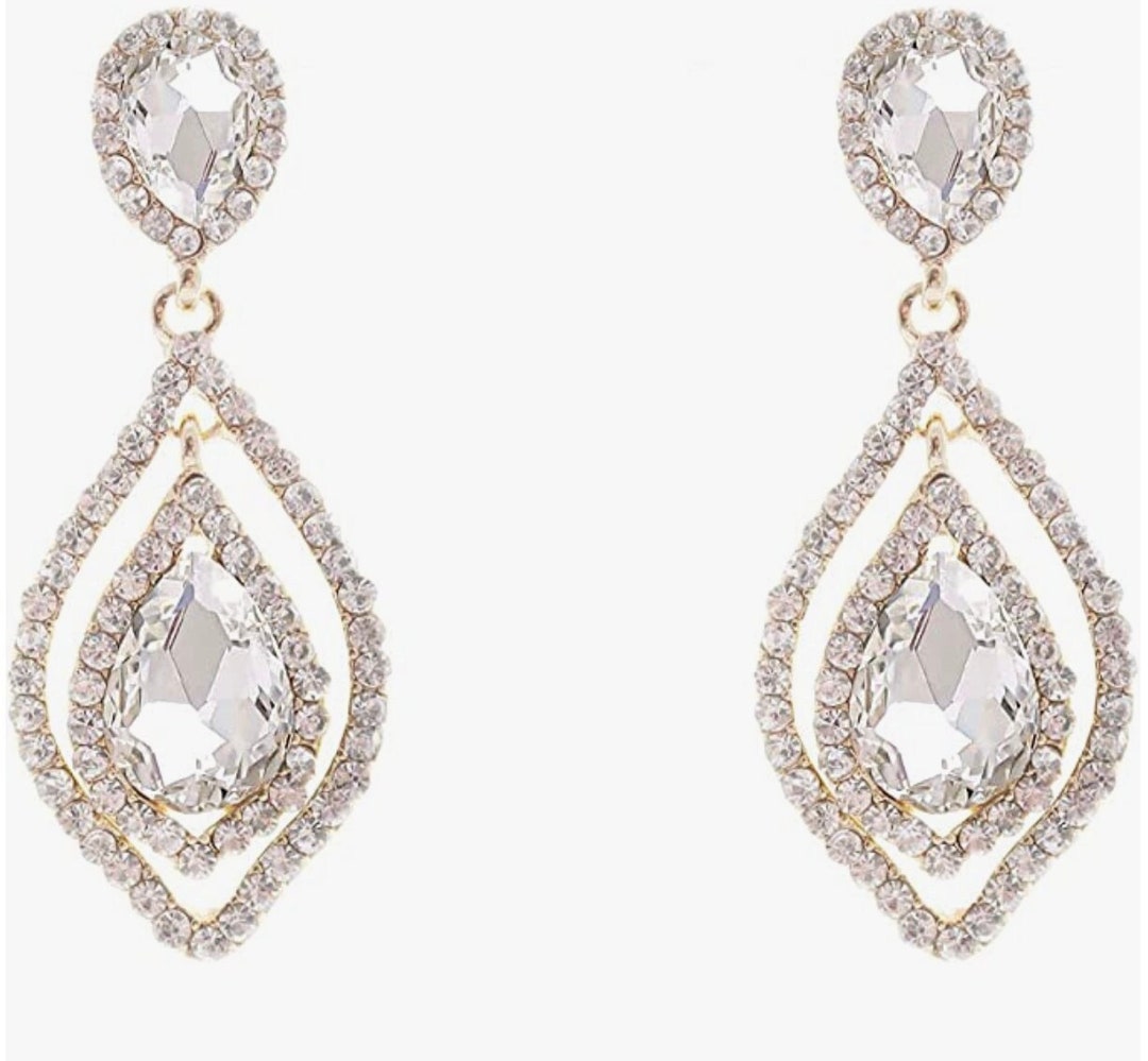 PAIR Gold CZ Drop Dangle Wedding Prom Gauges Plugs Tunnels Earrings 2g ...