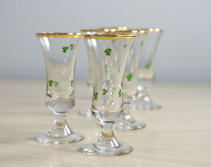 Irish Shamrock Fluted Cordial Glasses 6pc Set, Gold Trim, Stemmed ...