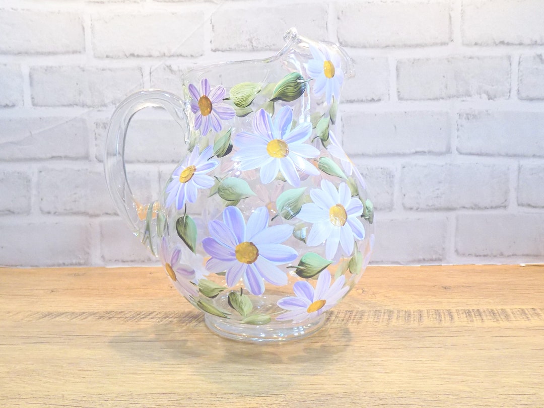 Hand Painted Daisy Glass Pitcher, Floral Pitcher, Iced Tea Pitcher ...