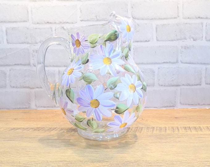 Hand Painted Daisy Glass Pitcher, Floral Pitcher, Iced Tea Pitcher ...