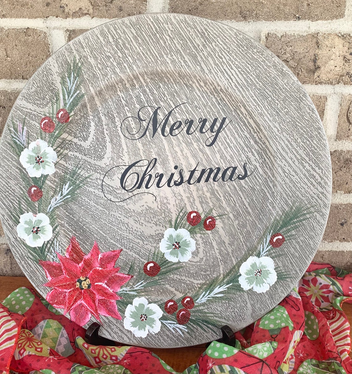 Hand Painted Christmas Charger Plate Faux Wood Charger | Etsy