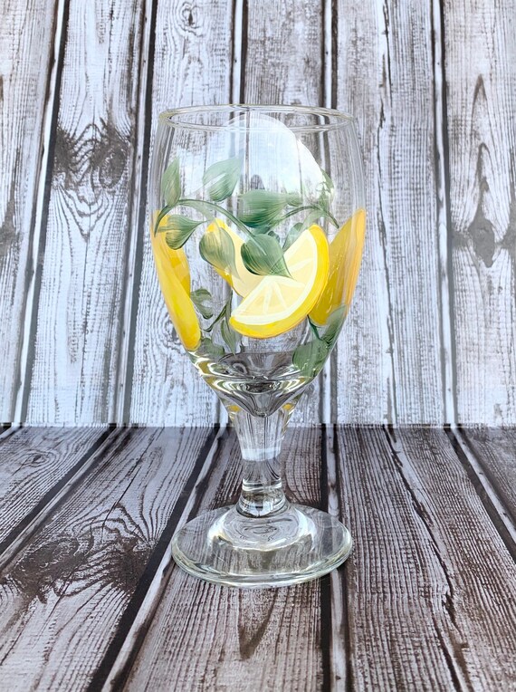 Painted Lemon Drinking Glasses Floral Painted Glasses Wine | Etsy