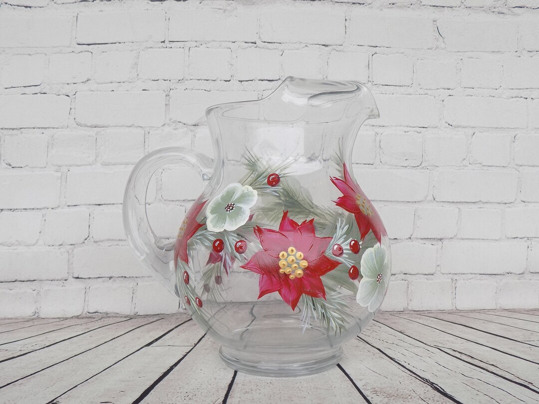 Hand Painted Christmas Floral Glass Pitcher, Poinsettia Pitcher ...