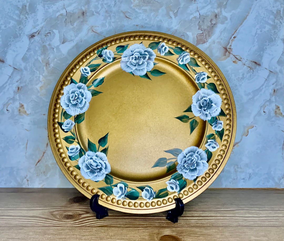 Hand Painted Charger Plate, Antique Gold Charger, White Rose Charger ...