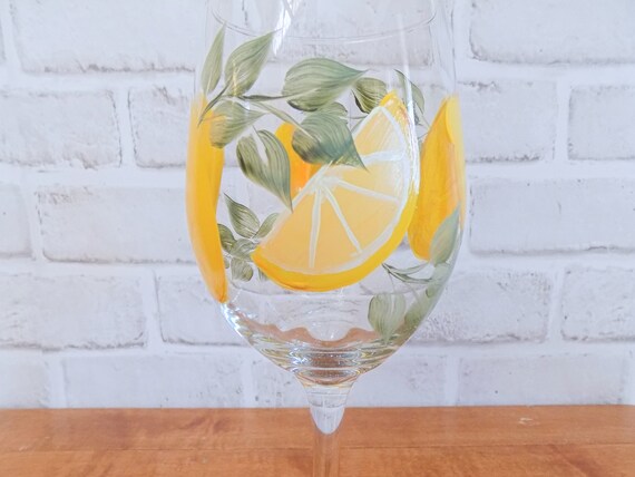 Hand Painted Lemon Wine Glass Yellow Summer Table Decor - Etsy