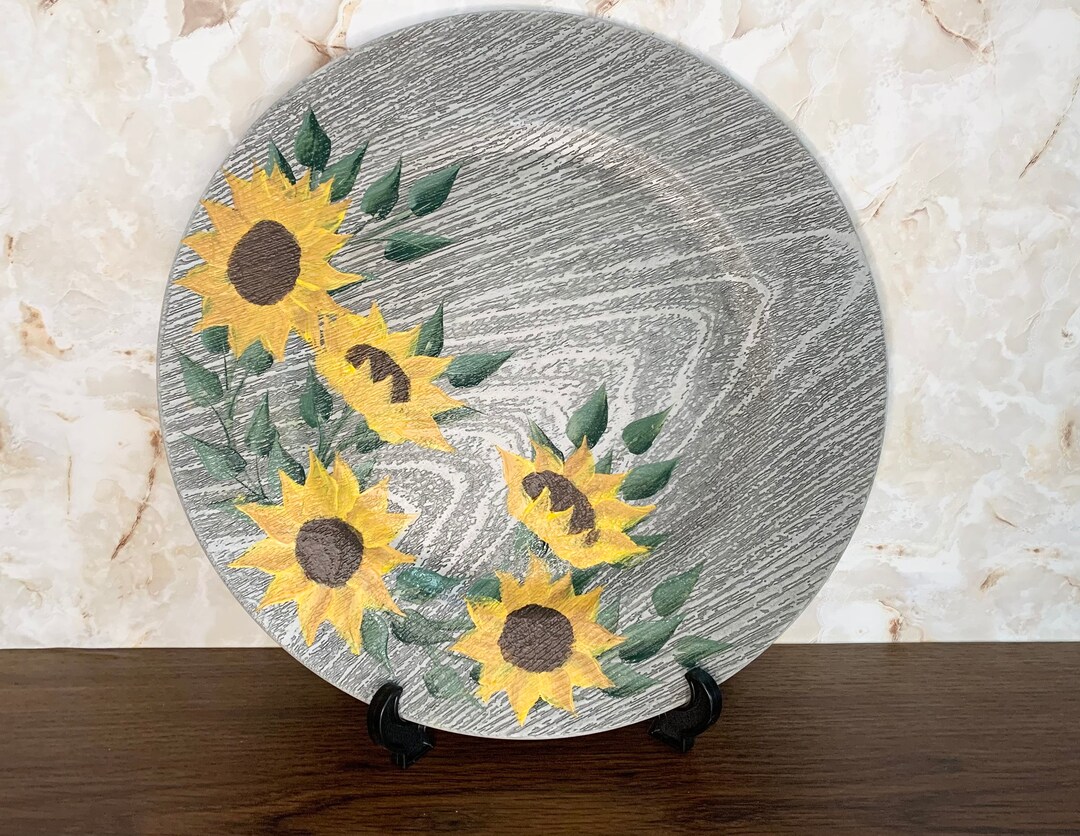 Hand Painted Charger Plate, Faux Wood Charger, Sunflower Charger Plate ...