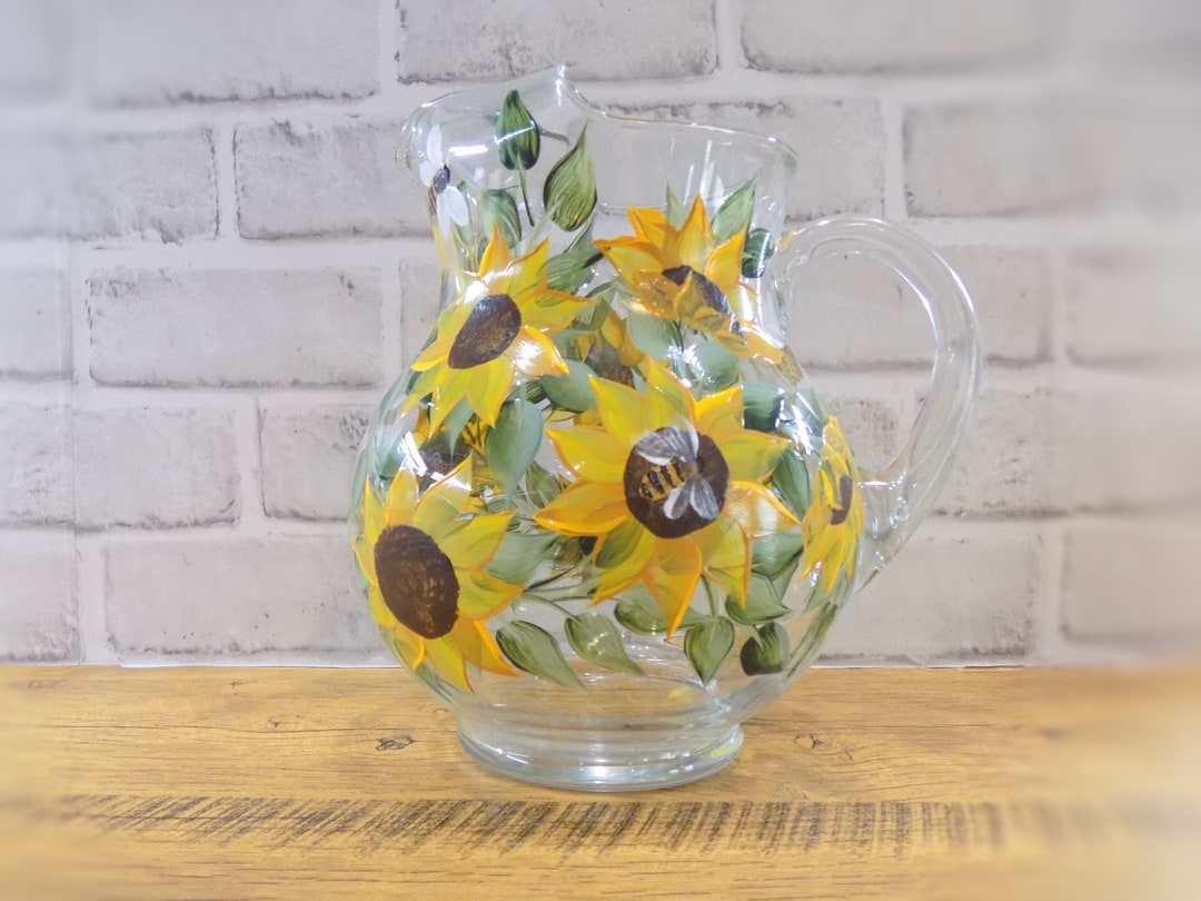 Hand Painted Sunflower and Honey Bee Glass Pitcher, Sun Tea Pitcher ...