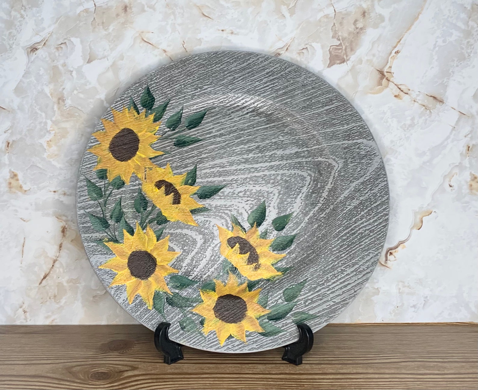 Hand Painted Charger Plate Faux Wood Charger Sunflower - Etsy