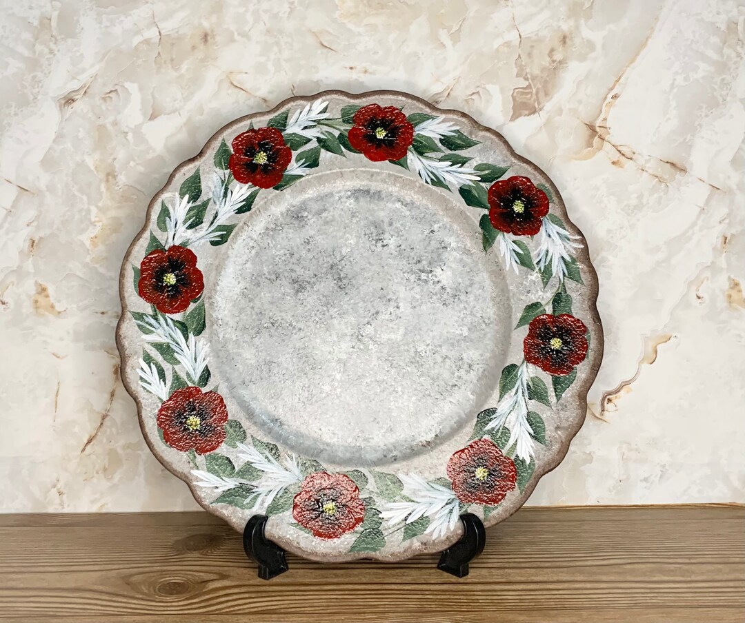 Hand Painted Poppy Charger Plate, Faux Gavanized Charger, Floral ...