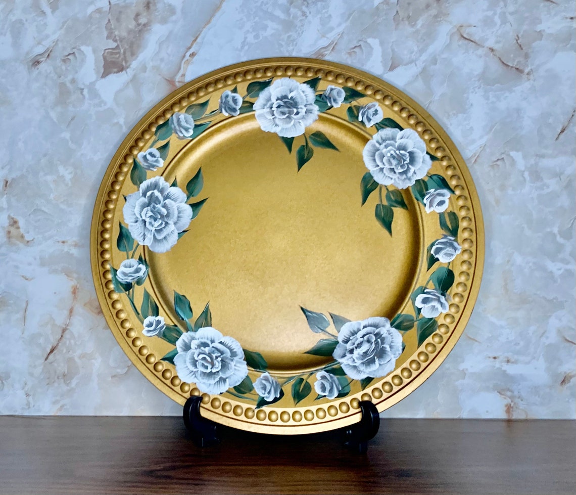 Hand Painted Charger Plate Antique Gold Charger White Rose | Etsy