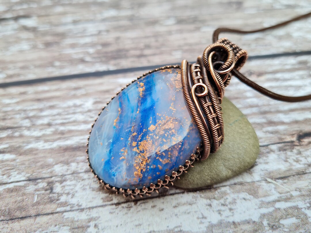Wire Wrapped Resin and Copper Pendant. Blue and White Patterned Chunky ...