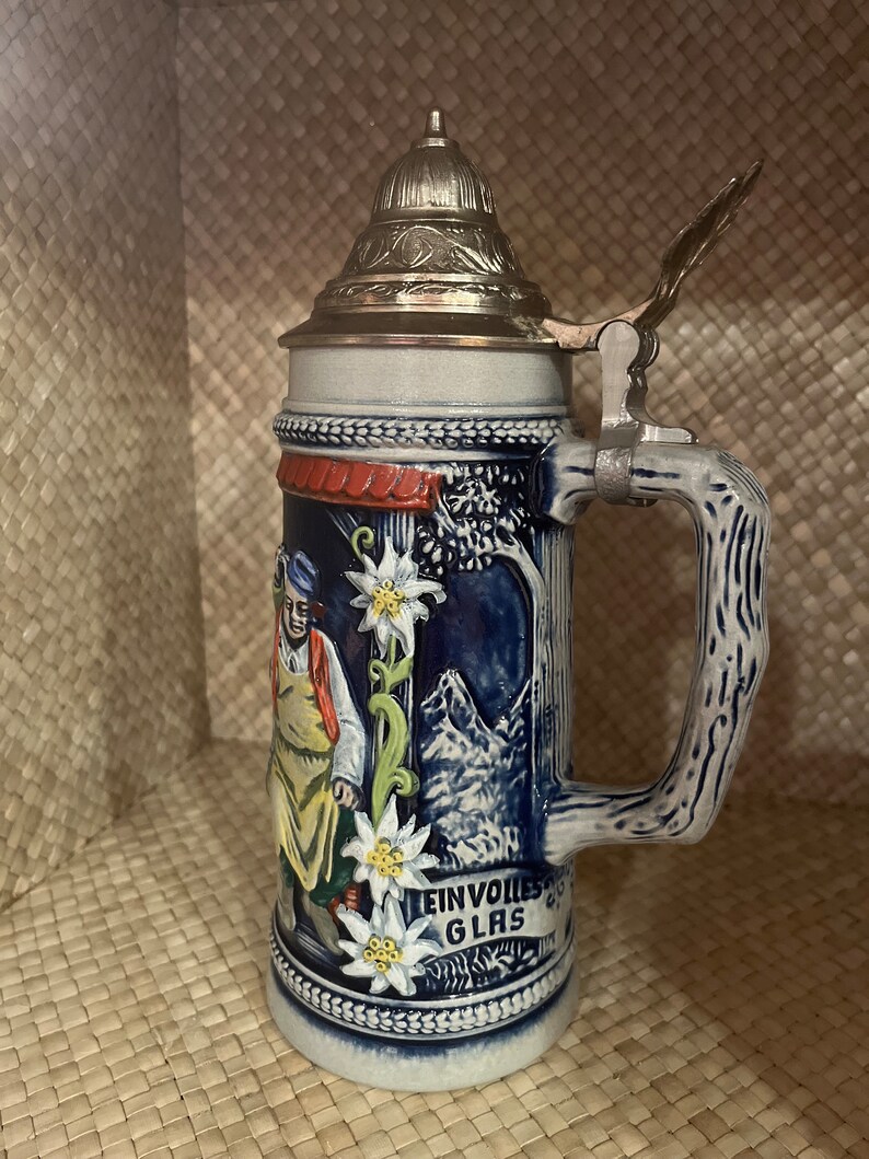 Gerz West Germany Lidded Beer Stein Raised Bar Tavern Scene Flowers ...