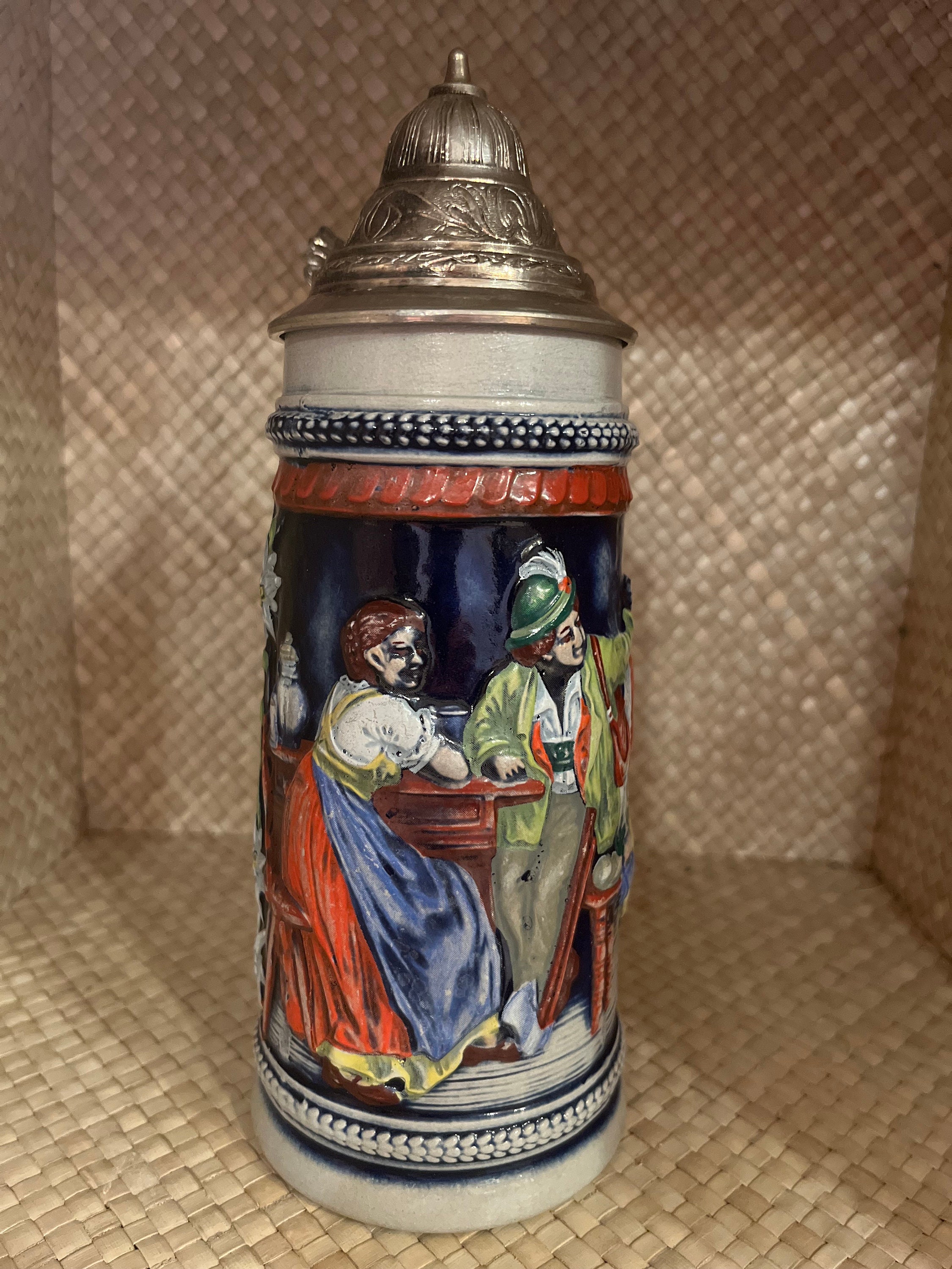 Gerz West Germany Lidded Beer Stein Raised Bar Tavern Scene Flowers ...