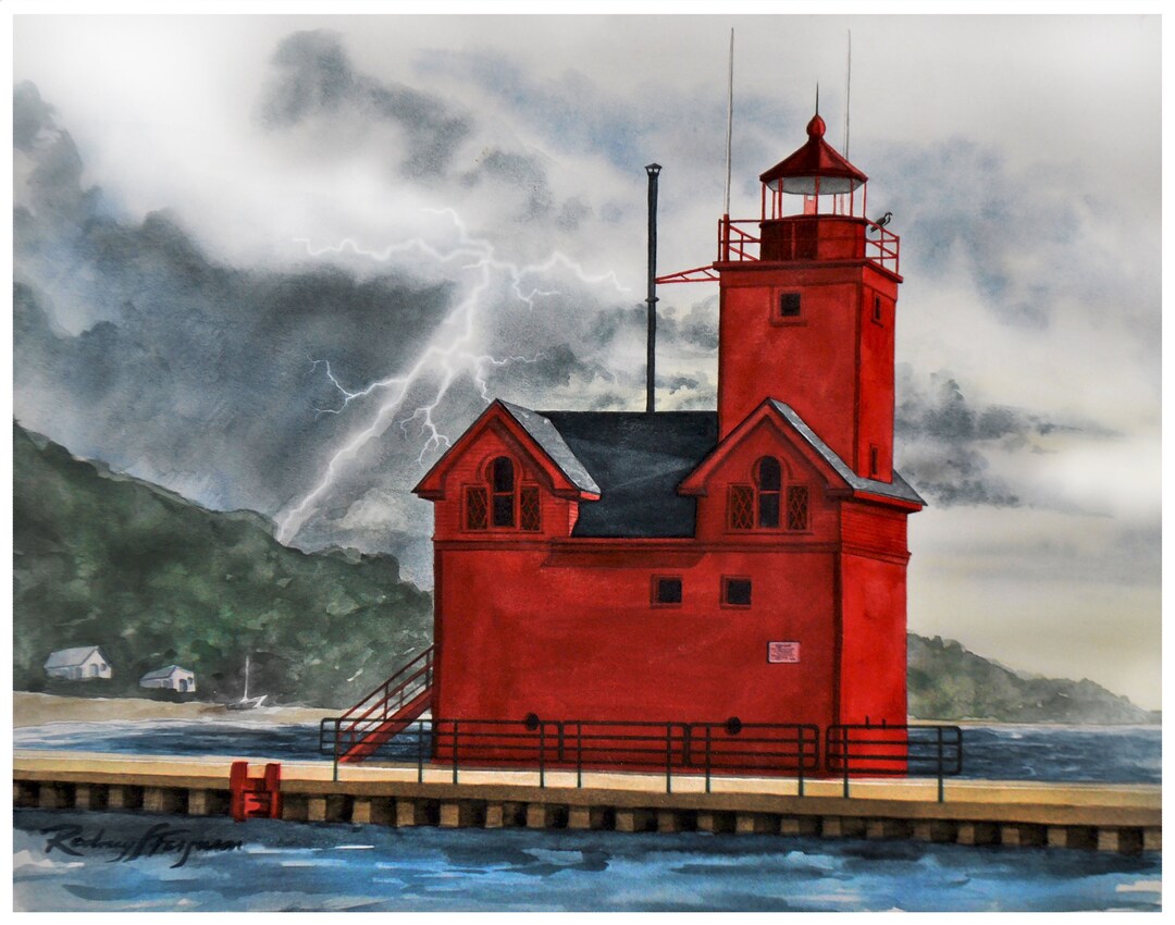 Holland Harbor Art Print of Michigan Lighthouse on Great Lakes ...