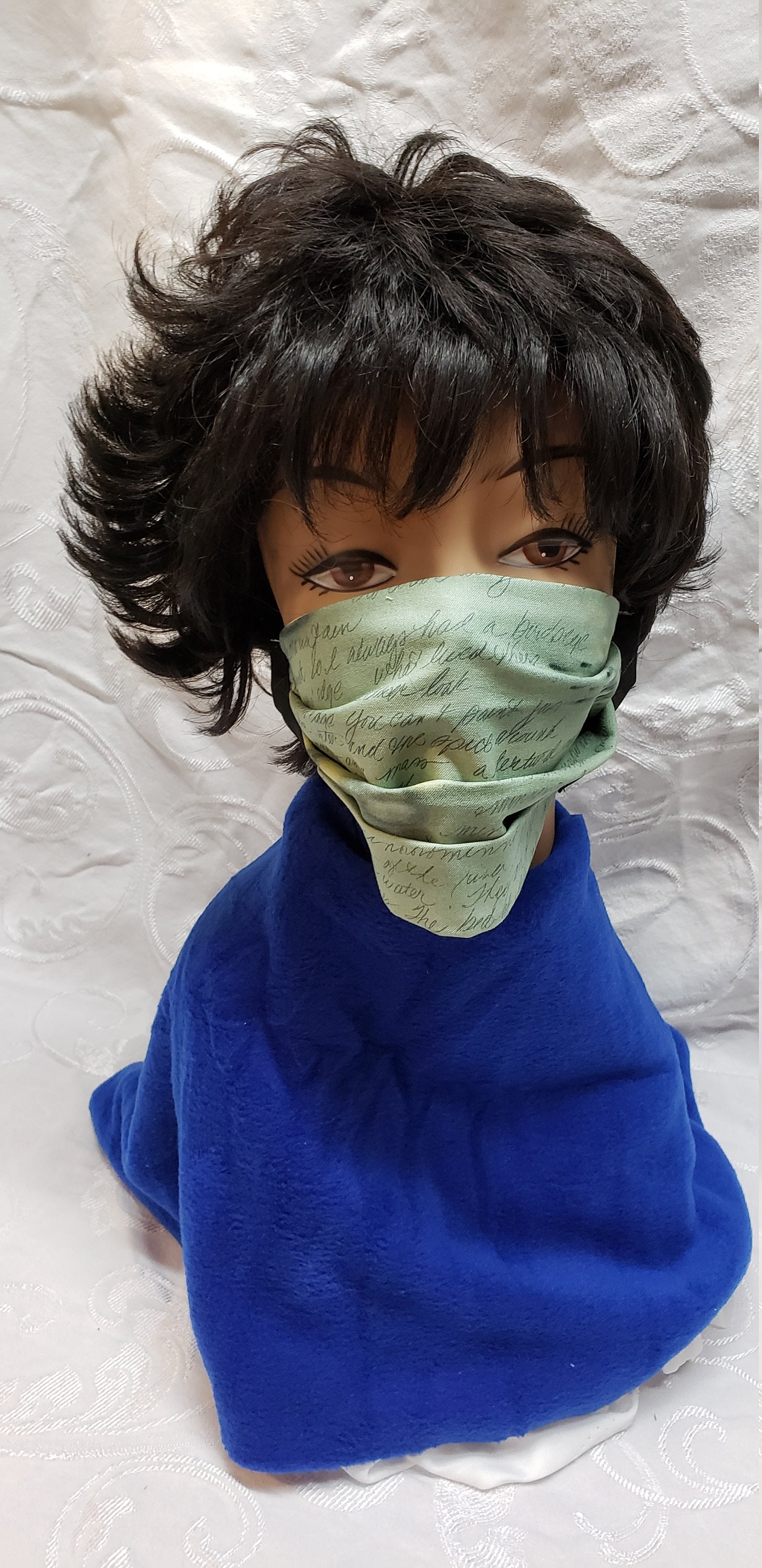 Pleated Green Script Print Cotton Face Mask w Elastic Ear Loops/Filter ...