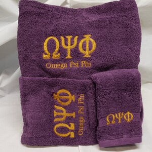 OMEGA PSI PHI Purple or Gold 3 Piece Towel Set/bath, Hand and Wash ...