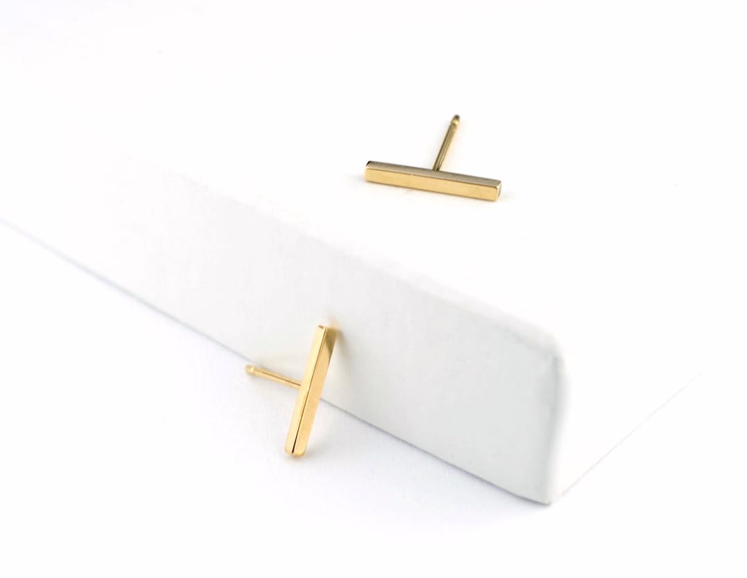 14k Gold Bar Studs | Minimalist Line Earrings - Etsy