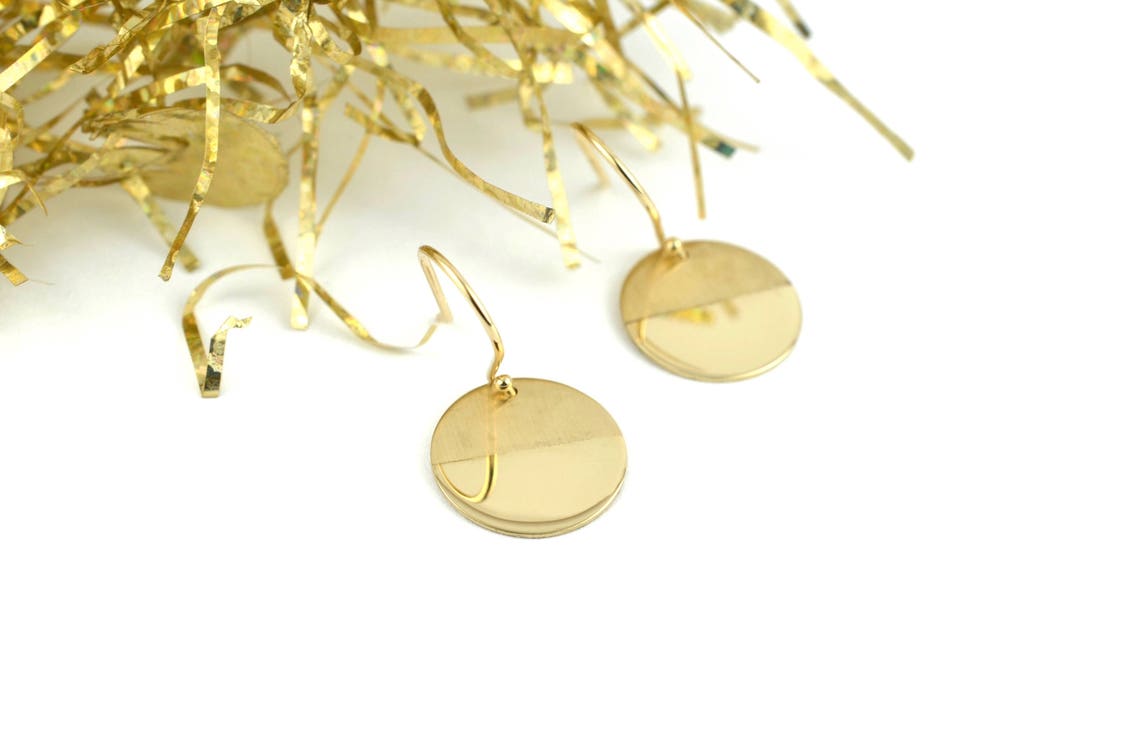 Rose Gold Circle Disk Drop Earrings 14k Minimal Half Matte | Etsy
