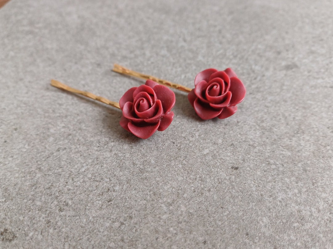Light Burgundy Hair Grip Pair/burgundy Flower Hair Grip/flower Hair ...