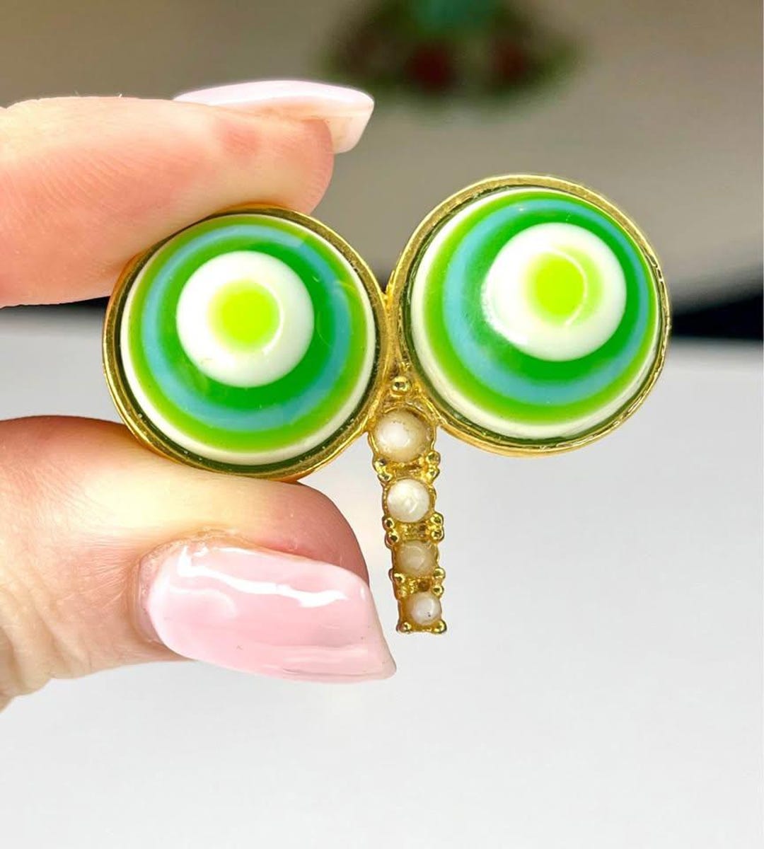 Vintage Jeanne Signed Owl Eyes, Dragonfly, Evil Eyes Pin Retro Green ...