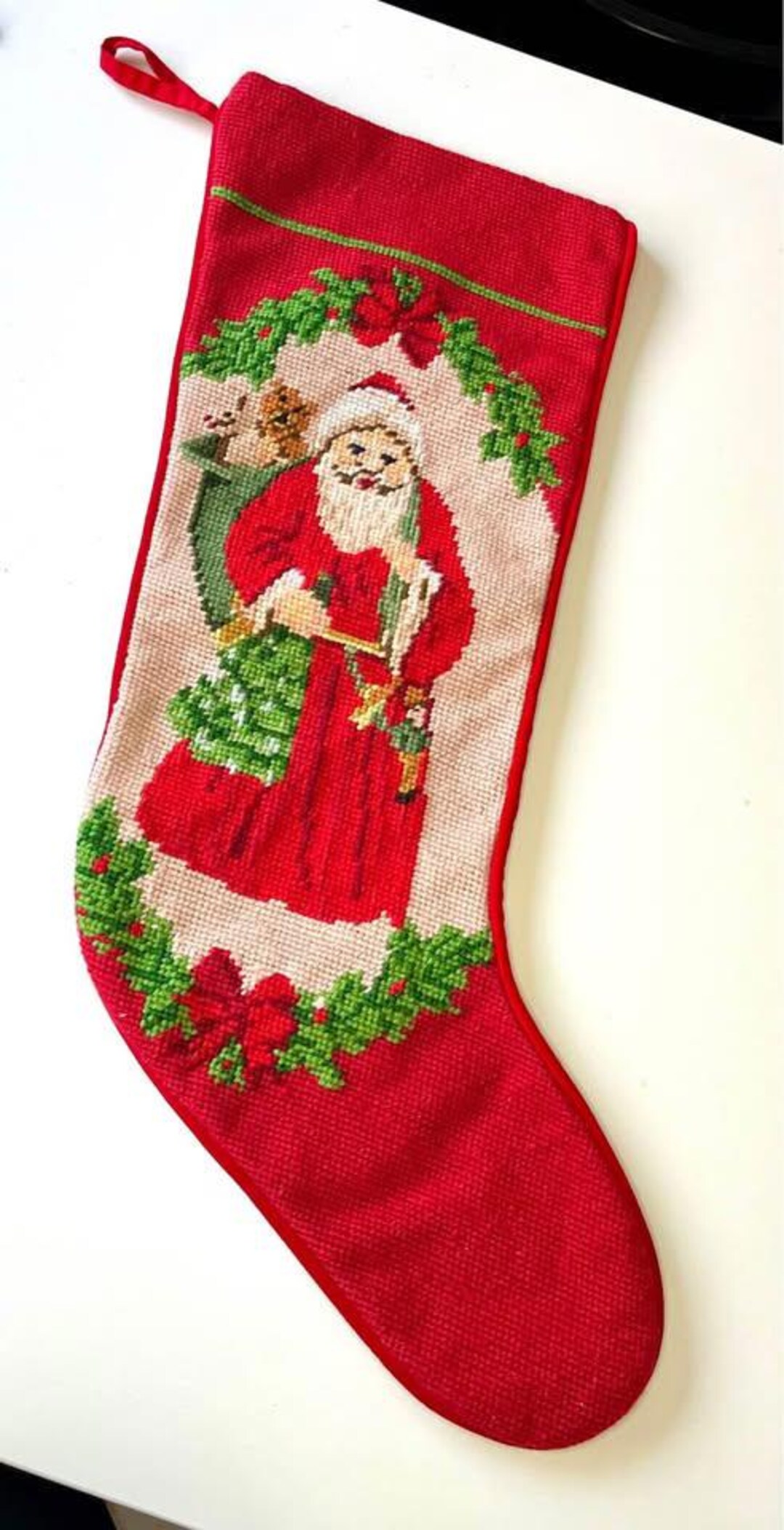 Vintage Needlepoint Santa Stocking Father Christmas Red Velvet Backing ...