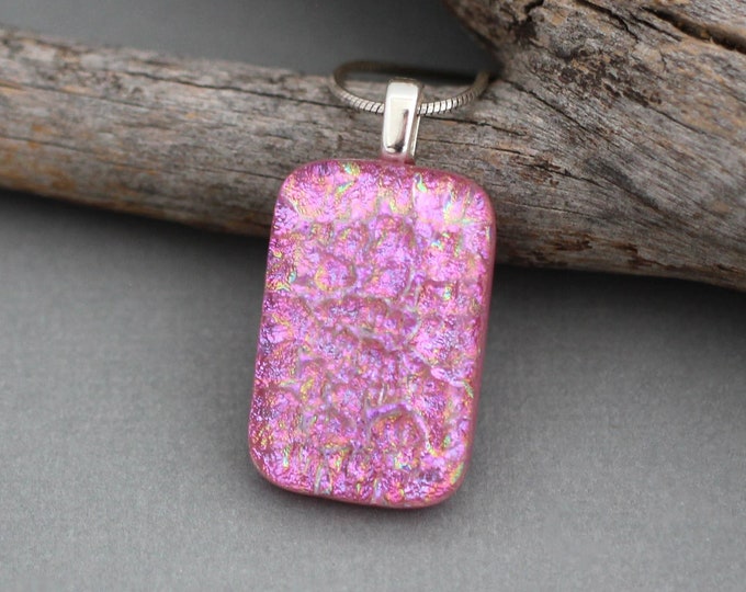 Sparkly Pink Dichroic Glass Pendant Necklace for Women Handmade Fused ...