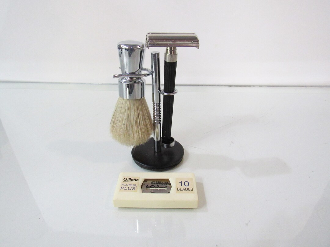 Chrome Safety Razor Stand W/ Gillette Razor and Shaving Brush ENGLAND ...
