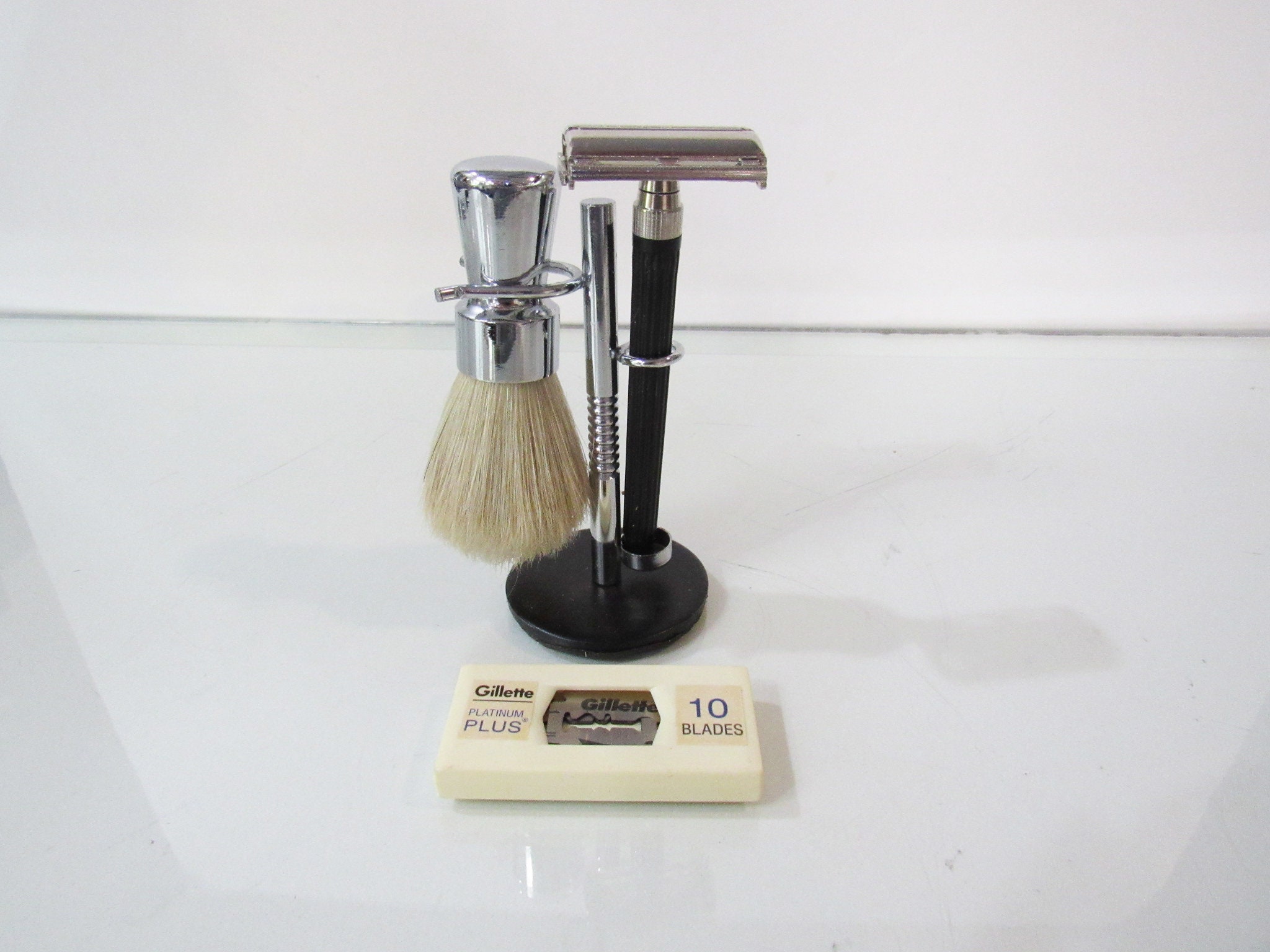 Chrome Safety Razor Stand W/ Gillette Razor and Shaving Brush - Etsy