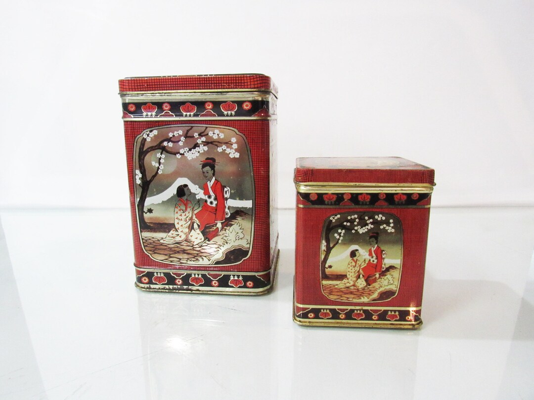 Asian Tin Canisters Black Gold Orange Kitchen Nesting Tins Japanese ...