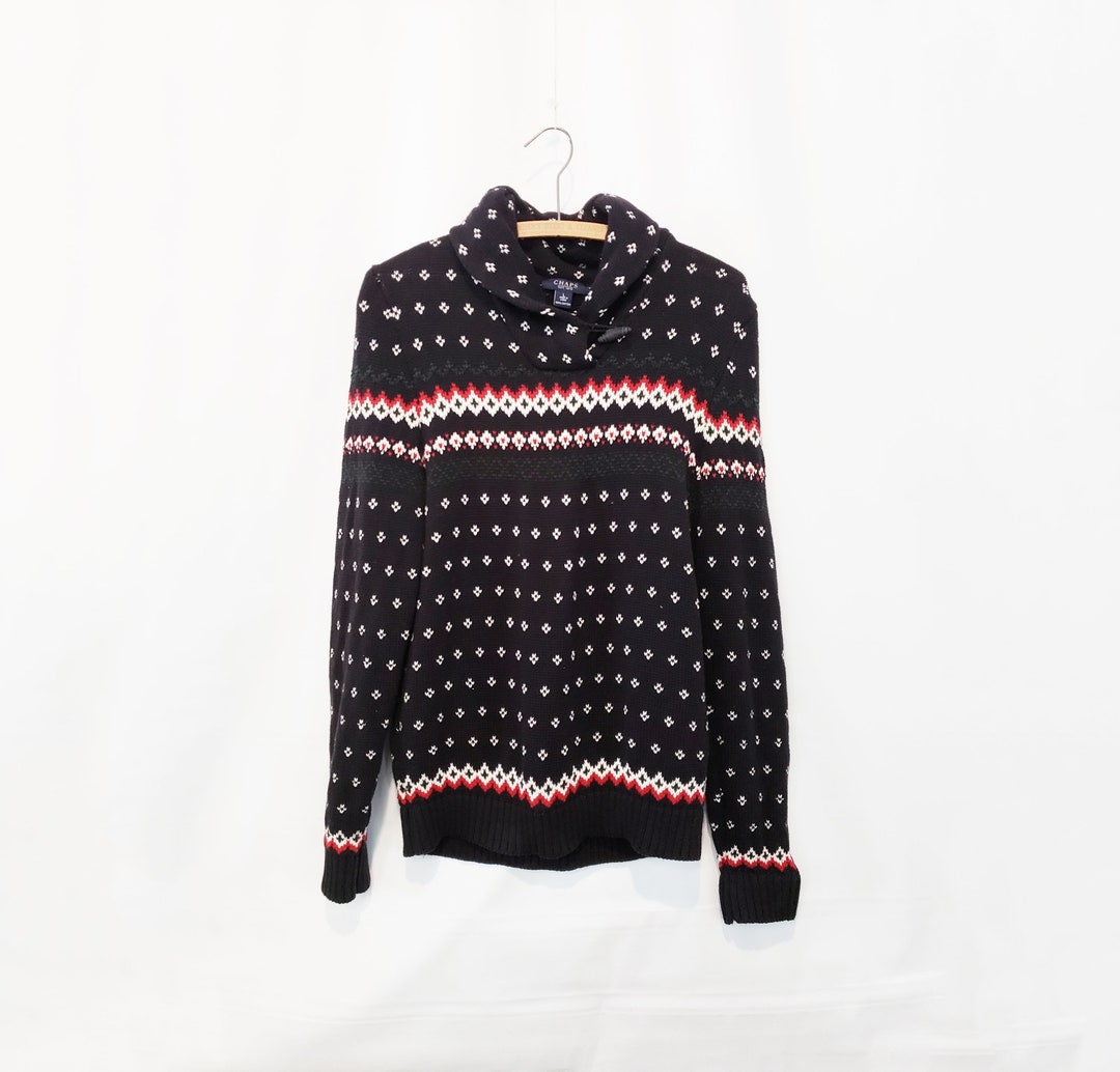 RL Chaps Pattern Sweater Large - Black Red Green Cotton Sweater - Ralph ...