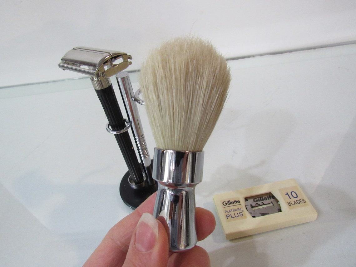 Chrome Safety Razor Stand W/ Gillette Razor and Shaving Brush - Etsy