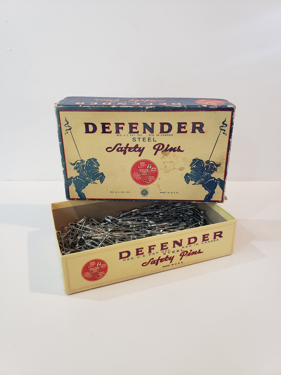 Defender Safety Pins in Box - Mid Century Box of Large Steel Safety ...