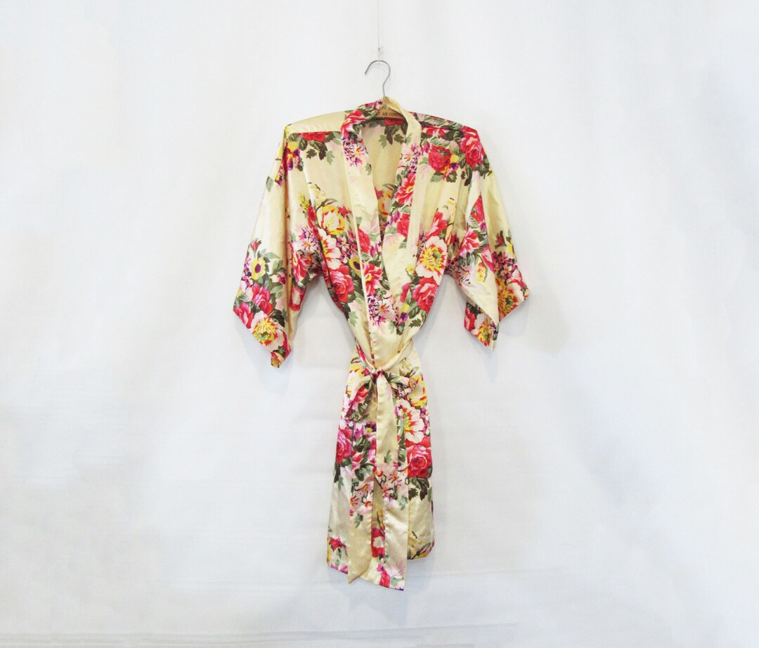 Short Satin Floral Robe Small Medium Gorgeous Yellow Red Pink Flowers ...