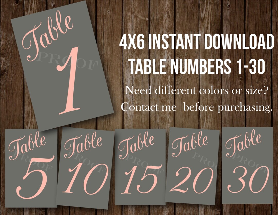 4x6 Table Numbers PRINTABLE INSTANT DOWNLOAD Set of 30 Peach Pink Dark ...