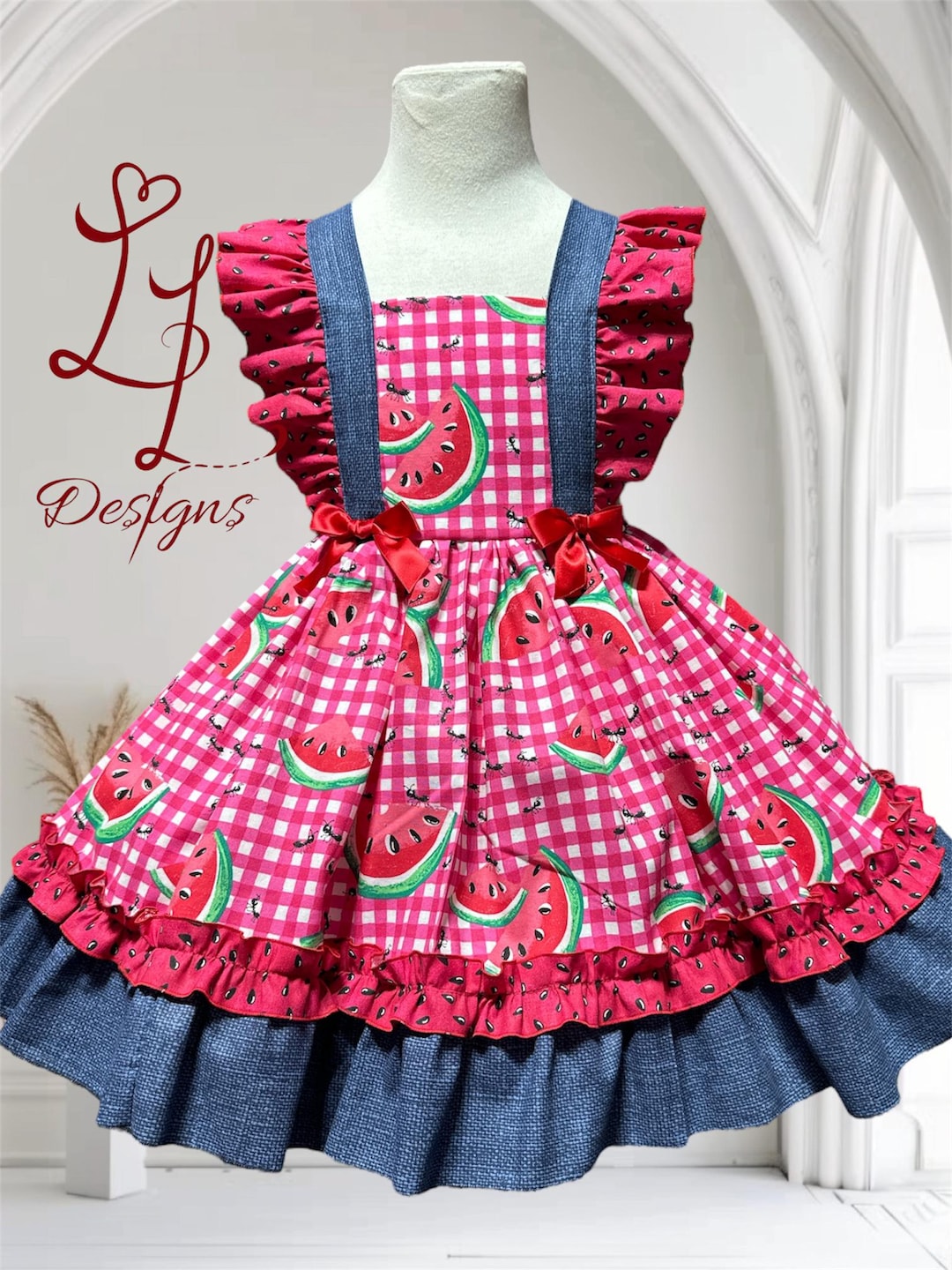 Watermelon Gingham Pinafore Dress: Ruffled Sleeves, Red Bows, Red ...