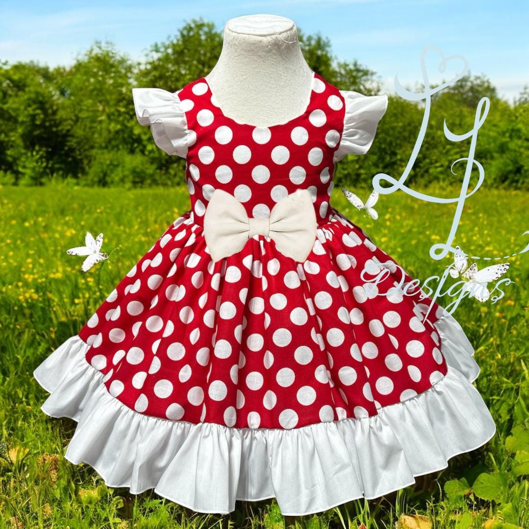 Red Dress With Large White Polka Dots. Flutter or Puff Sleeves ...