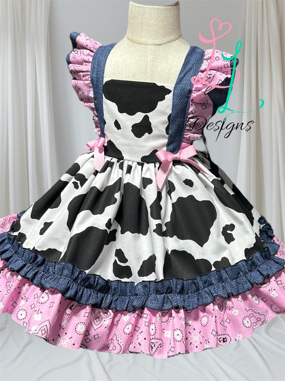 Cow Print Pinafore Dress: Handmade Denim & Bandana Accents, Cowgirl ...