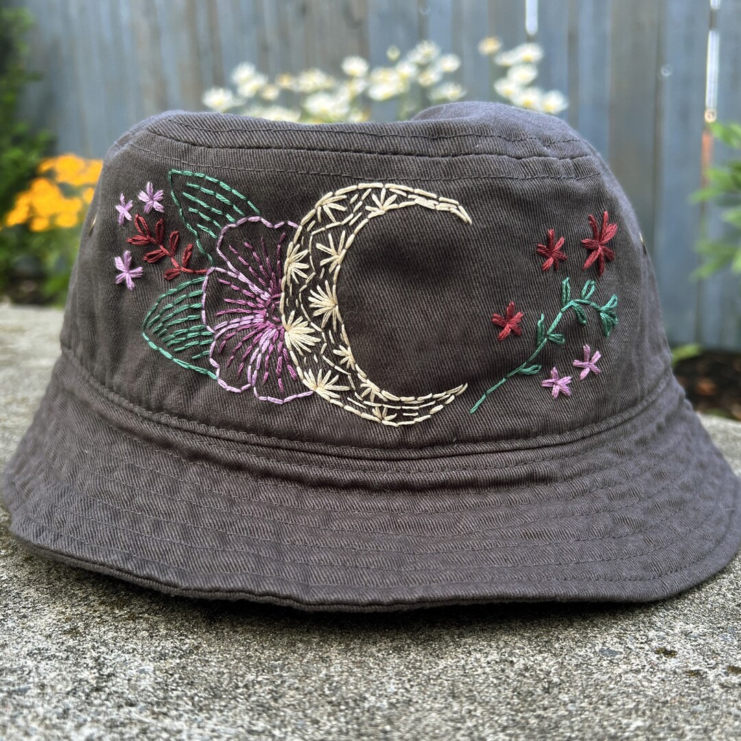 Boho Floral Moon Bucket Hat, Hand Embroidered - Ready to Ship - Size S ...
