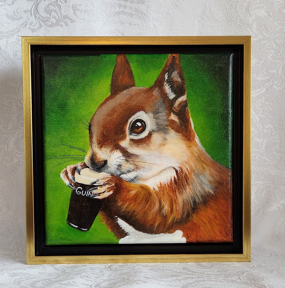 8x8 Acrylic Painting of 'arthur a Beer Drinking Squirrel'. Framed in a ...