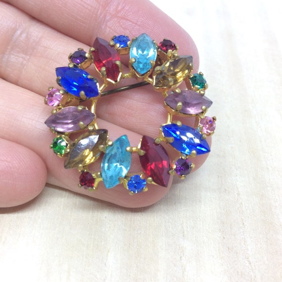 Vintage brooch Signed Germany Multi color rhinestone - Gem