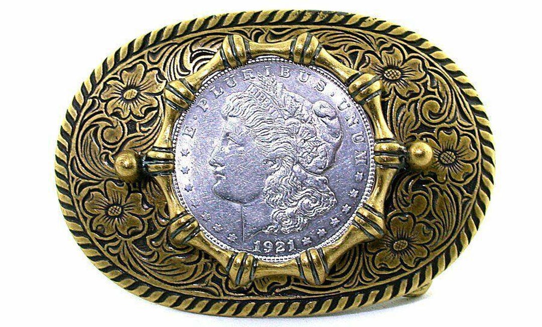 Gold Color Oval Western REAL 1921 Morgan Silver Dollar Belt Buckle ...