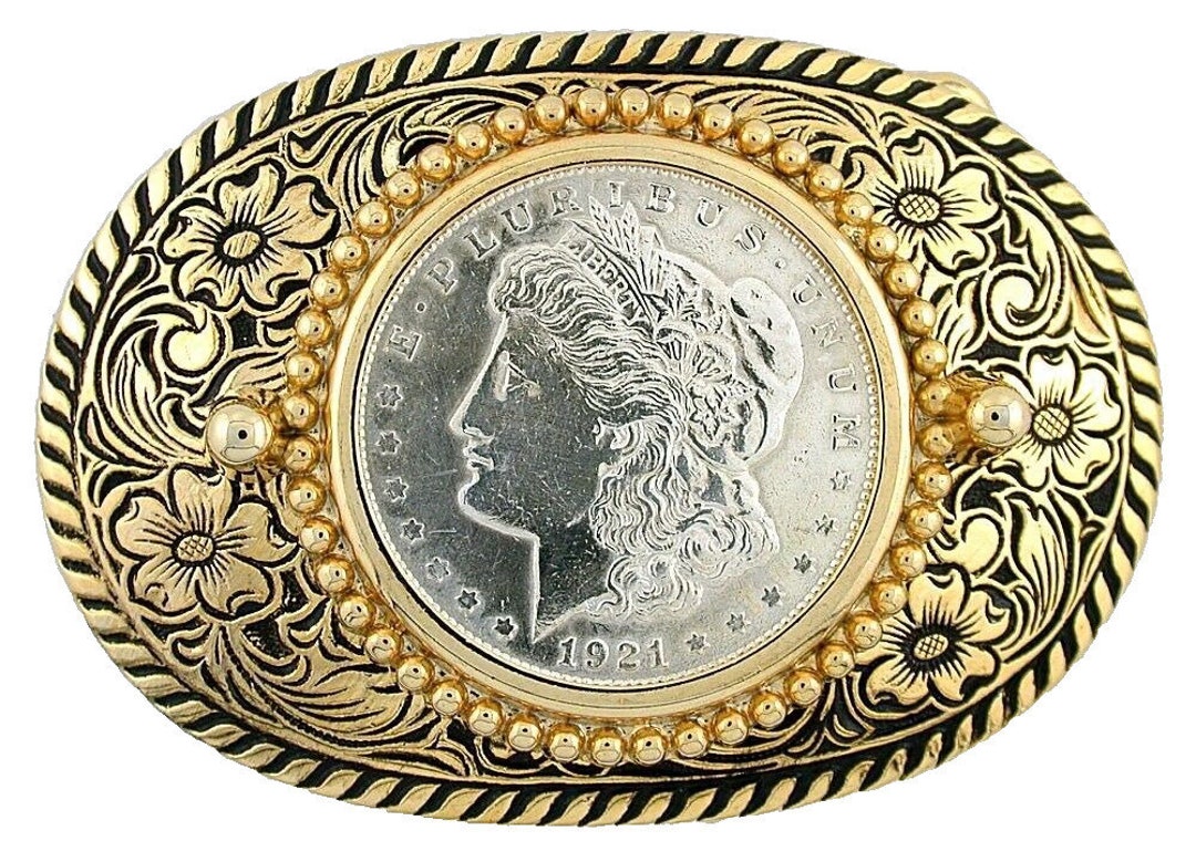 Gold Color Oval Western REAL 1921 Morgan Silver Dollar Belt Buckle ...